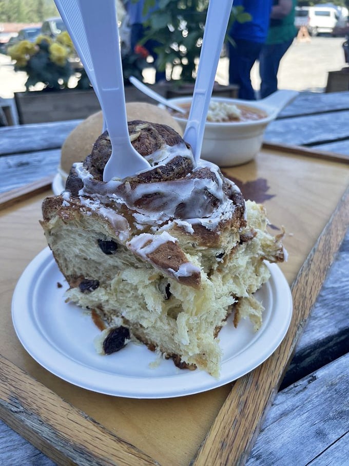 Holy cinnamon, Batman! This roll isn't just big, it's Alaska-sized. Fork and knife recommended, stretchy pants mandatory.