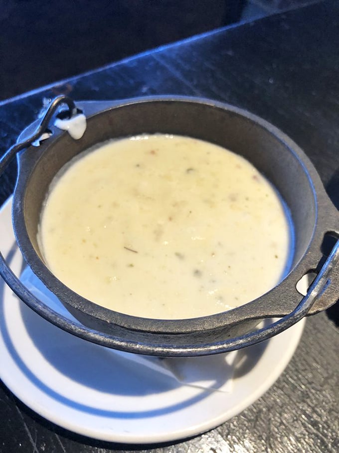 Liquid gold in a cast-iron cauldron! This chowder looks so rich, it probably has its own offshore bank account.