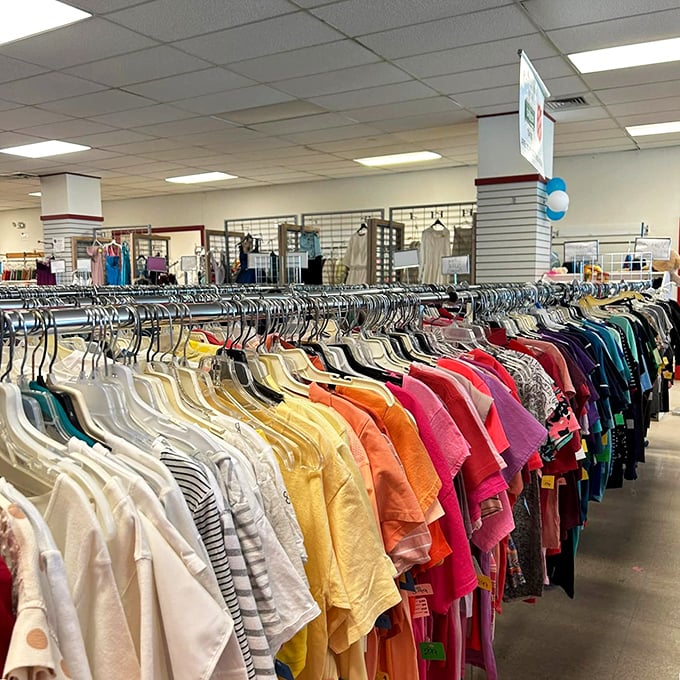 "A rainbow of possibilities! Dive into this sea of secondhand style and emerge as a thrift store fashionista."