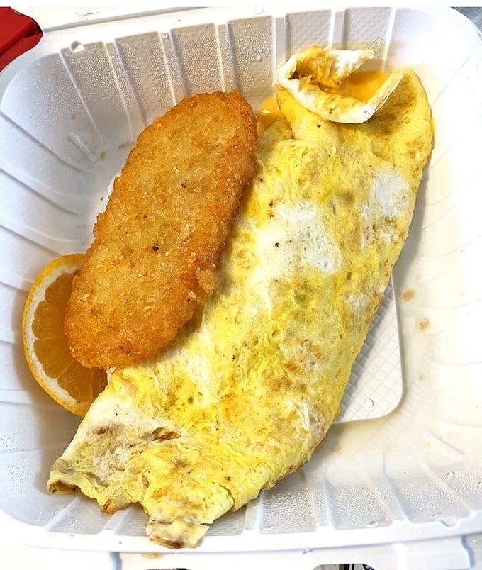 Breakfast alchemy: A perfectly executed omelet alongside what appears to be a hash brown that's achieved the golden-brown perfection we all aspire to in life.