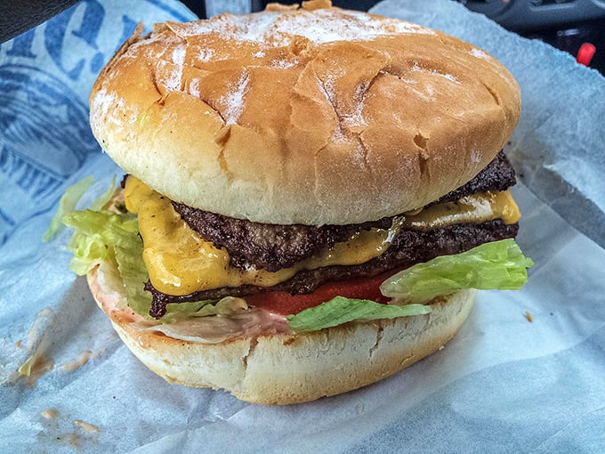 Holy cow! This double cheeseburger is stacked higher than my college textbooks. It's a tower of power that'll make your taste buds sing.