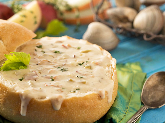 Bread bowl perfection! This chowder's so good, you'll be tempted to eat the bowl and ask for seconds.