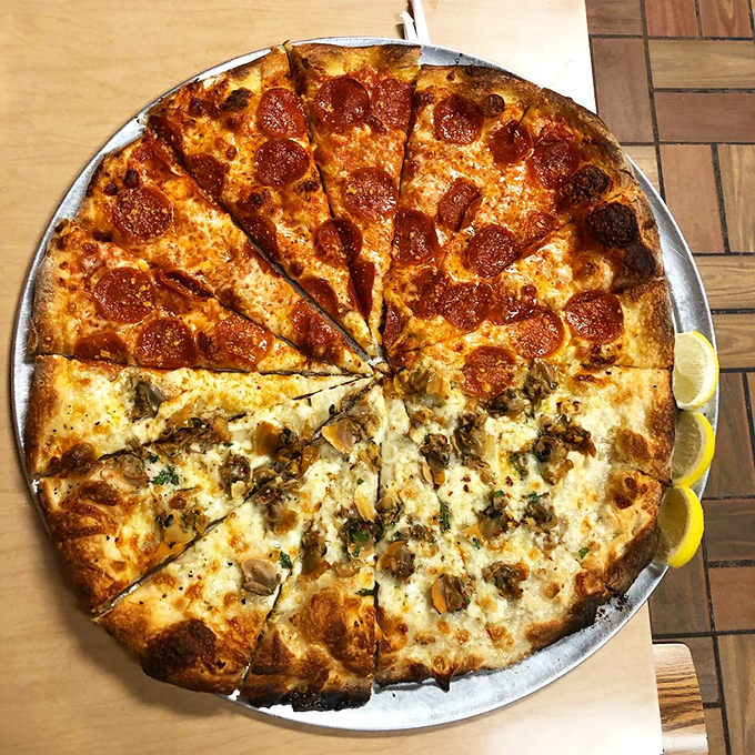 The ultimate pizza compromise! Half pepperoni, half clam - because sometimes you want the best of both worlds on one heavenly pie.