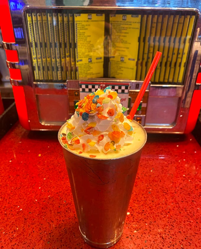 Holy moly, it's a party in a glass! This Fruity Pebbles milkshake is what would happen if your childhood cereal cabinet won the lottery.