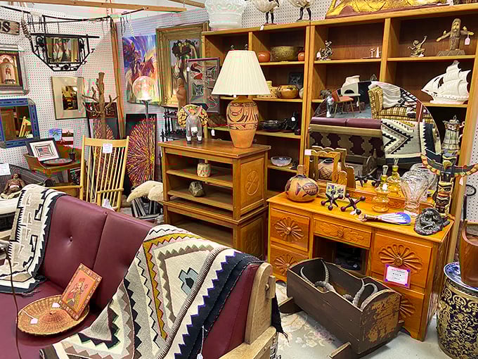 Grandma's living room on steroids! This furniture corner is where mid-century modern meets "I remember when," creating a cozy time warp.