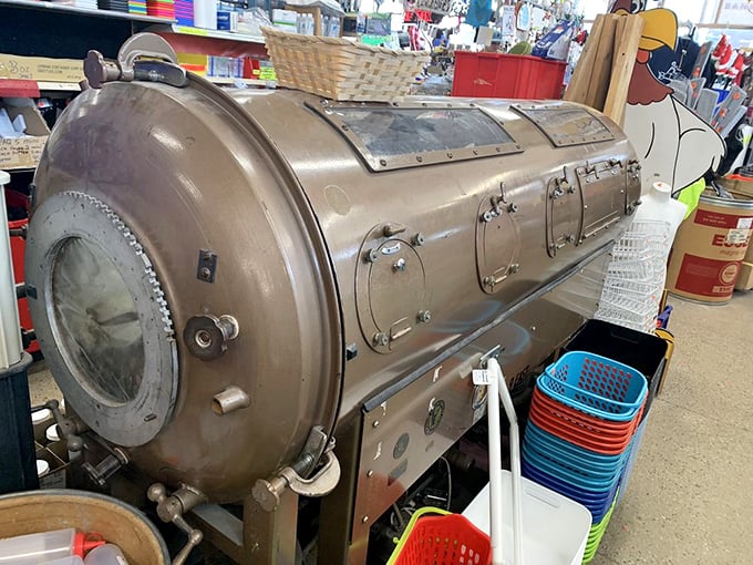 Is it a time machine or a prop from a sci-fi movie? Nope, it's an iron lung! Just another day of surprises at Ax-Man Surplus.