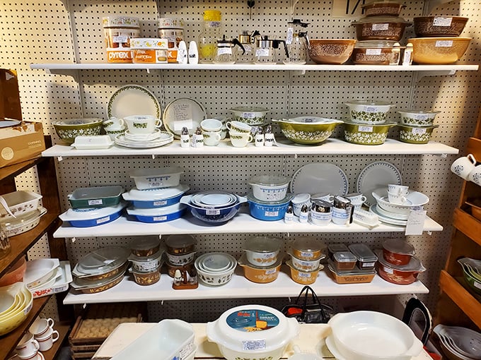 Pyrex paradise! These vintage dishes have seen more family dinners than a Thanksgiving turkey. Each piece tells a story of meatloaf past.