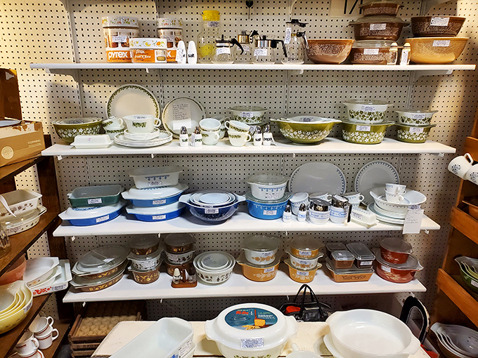 Pyrex paradise! A cornucopia of kitchenware that'll transport you straight to grandma's kitchen. Warning: May induce sudden urges to bake casseroles.