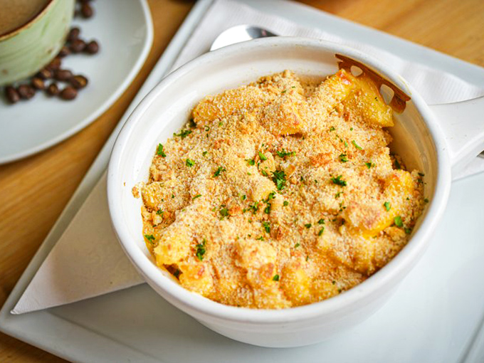 Mac and cheese elevated from childhood memory to grown-up obsession. That golden crust is the terrain between nostalgia and revelation.