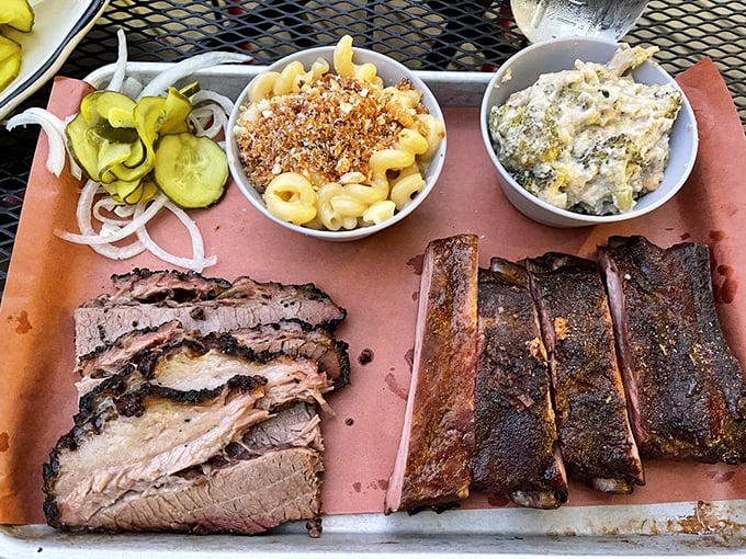 Barbecue geometry at its finest: slices of brisket with textbook smoke rings alongside ribs with just enough bark to make any meat mathematician swoon.