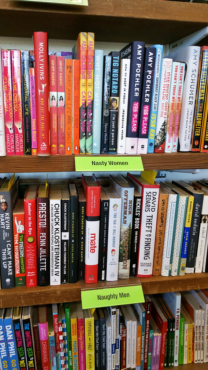 Who says books can't have a sense of humor? These cheeky shelf labels prove that even literature likes to let its hair down occasionally.