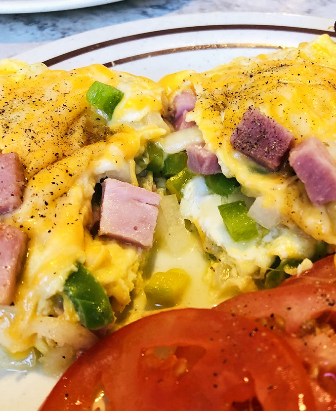 Behold, the omelet of champions! This cheesy masterpiece is packed with more goodies than a kid's Christmas stocking. Who knew vegetables could look this inviting?