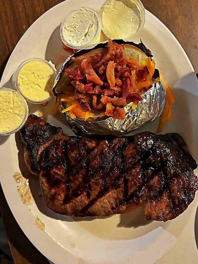 Behold, the star of the show! This Oz Boneless Rib Eye Steak is so perfectly charred, it could make a vegetarian reconsider.