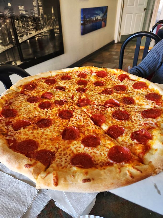 Behold, the pepperoni perfection! This pie's got more circles than a geometry textbook, and it's infinitely more delicious.