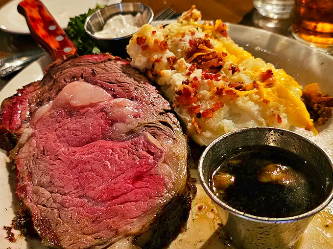 Holy cow, what a sight! This prime rib isn't just a meal; it's a meaty masterpiece that would make even Fred Flintstone say, "Yabba dabba delicious!"