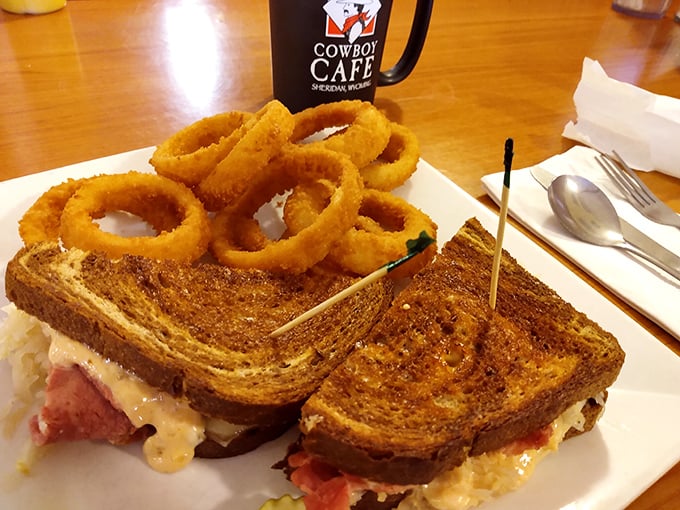 Holy smokes! This Reuben is stacked higher than a rodeo cowboy on his trusty steed. Corned beef so tender, it practically melts on your fork.