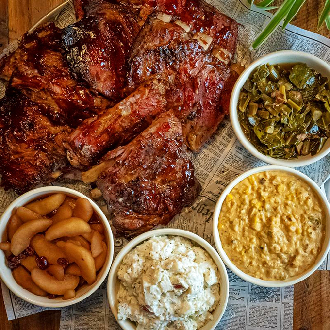 These ribs don't just fall off the bone&mdash;they practically leap into your mouth, surrounded by a supporting cast of stellar sides.