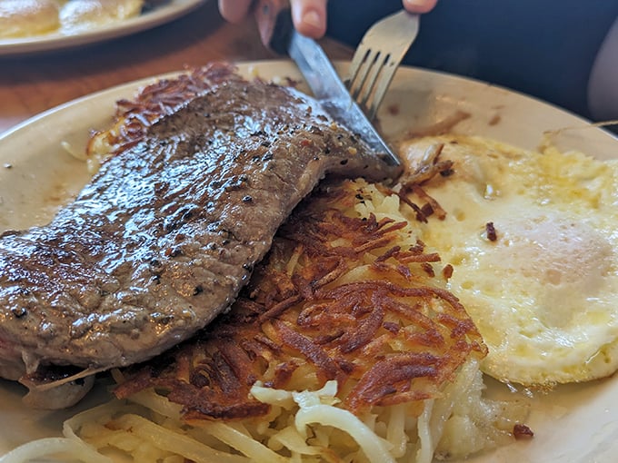 Steak for breakfast? Don't mind if I do! This plate is the carnivore's alarm clock, waking up taste buds with a meaty reveille.