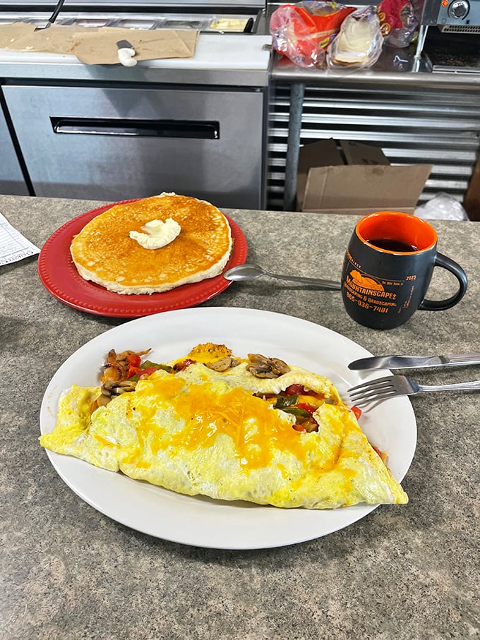 That's not just an omelet&mdash;it's edible architecture with perfectly melted cheese cascading over vegetables and meat, accompanied by a pancake that could double as a frisbee.