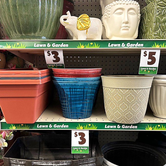 Pottery that won't break the bank! From Buddha heads to colorful planters, garden decor that makes your wallet and patio equally happy.