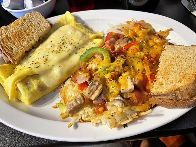 Behold, the vegetarian omelet that could convert even the most devoted carnivore. It's so packed with goodies, it's practically doing yoga to stay folded.