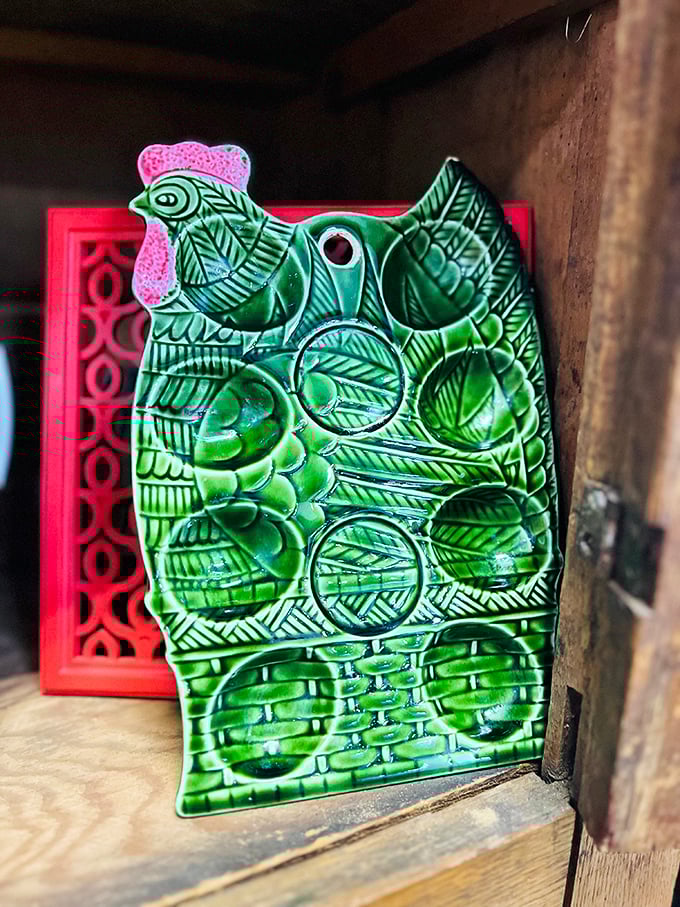 Vintage ceramic kitchenware like this vibrant green chicken egg plate proves that practical items were once works of art too.