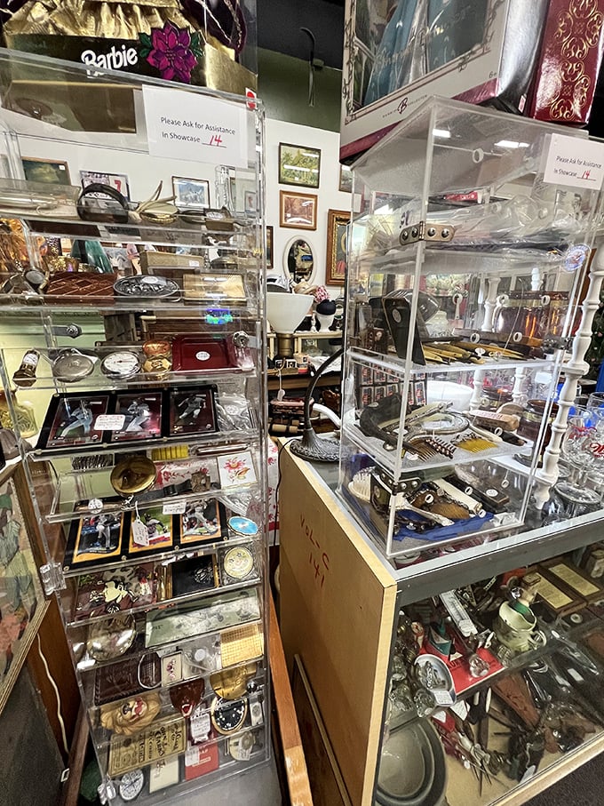 Tiny treasures with big stories! These glass cases are like miniature museums, showcasing everything from delicate pocket watches to quirky salt and pepper shakers.