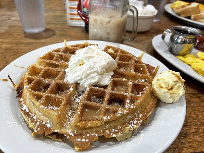 Waffle perfection that would make Leslie Knope weep with joy. It's not just a waffle, it's a fluffy, golden canvas for your breakfast dreams.