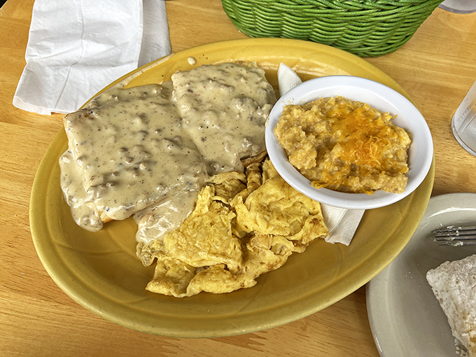 Biscuits and gravy: the breakfast of champions (and anyone with taste buds). Doodles' version is so good, you might forget table manners exist.