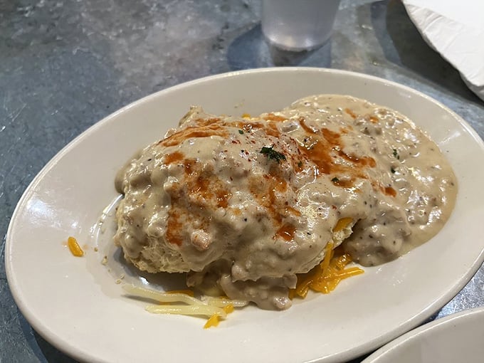 Biscuits and gravy: the breakfast of champions. This plate could make even the Mona Lisa crack a smile.