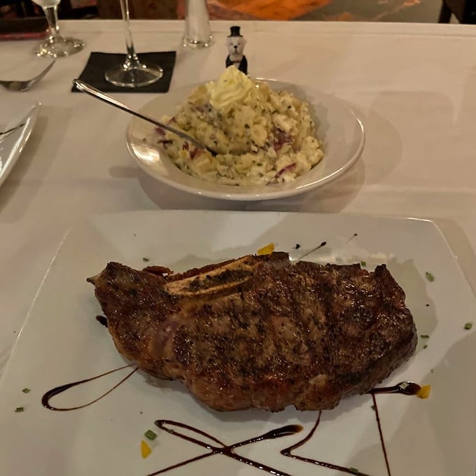 This bone-in ribeye isn't just a steak, it's a work of art. Perfectly charred exterior, juicy interior &ndash; it's the Mona Lisa of meats, with a side of pure joy.