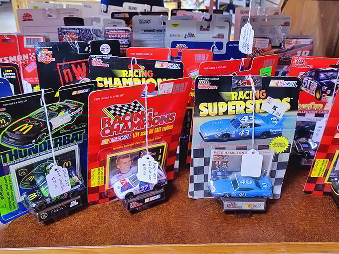 NASCAR nostalgia in miniature form. These die-cast racers never run out of gas, unlike my enthusiasm for finding perfectly preserved collectibles.