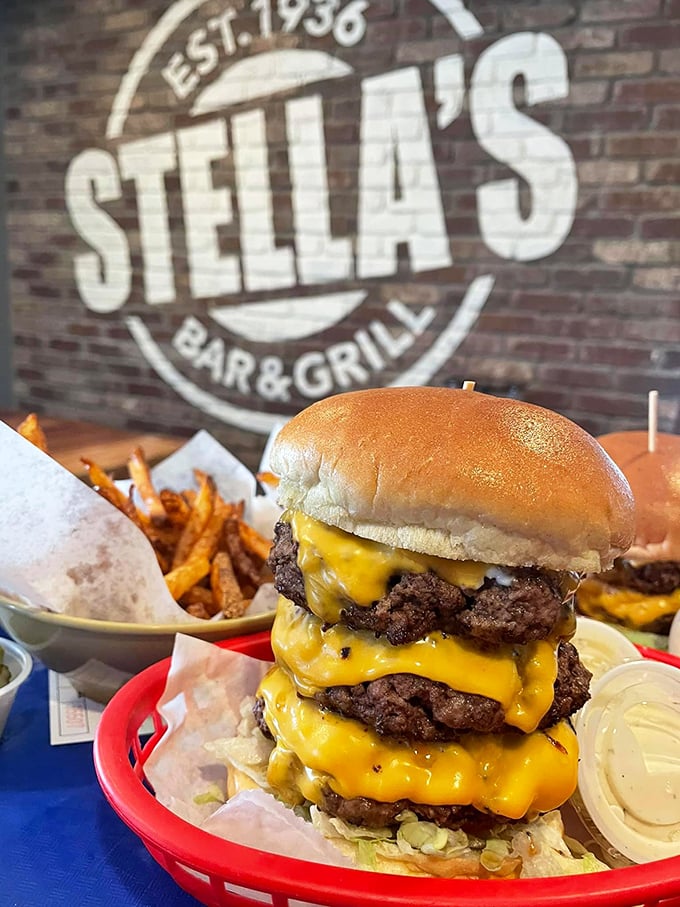 Holy cow! This towering masterpiece of beef and cheese is what burger dreams are made of. Napkins required, no judgment here.