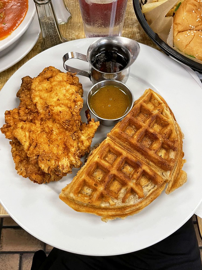 The holy grail of breakfast: chicken and waffles. It's a plate so pretty, you almost don't want to eat it. Almost.
