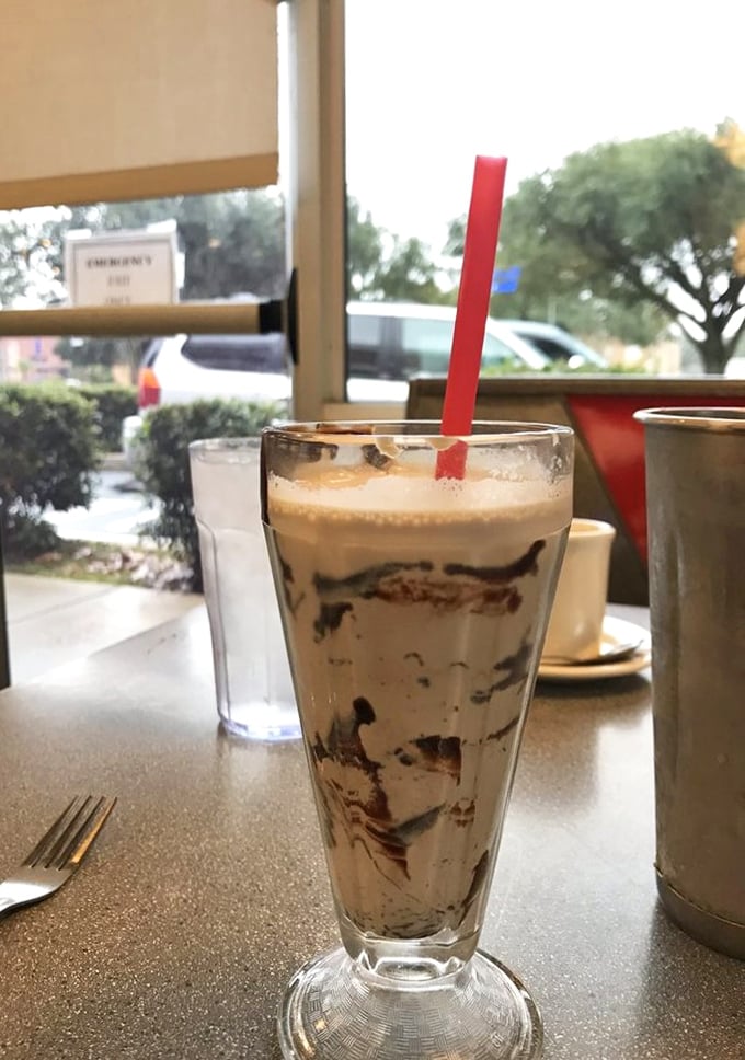 Chocolate shake or liquid happiness? This glass of creamy decadence looks thick enough to stand a spoon in. Diets, beware!