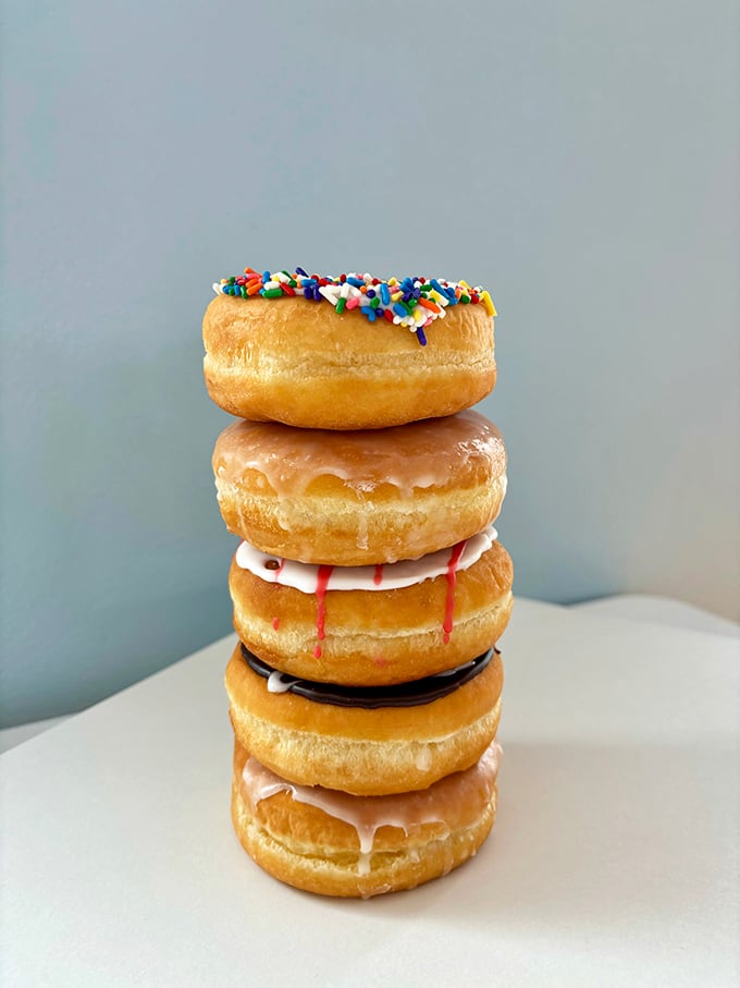 The leaning tower of pastry perfection! These stacked donuts are a more tempting climb than any stairmaster.