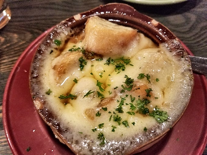 Behold, the star of the show! This French onion soup looks like it could warm you up faster than a Maine summer.
