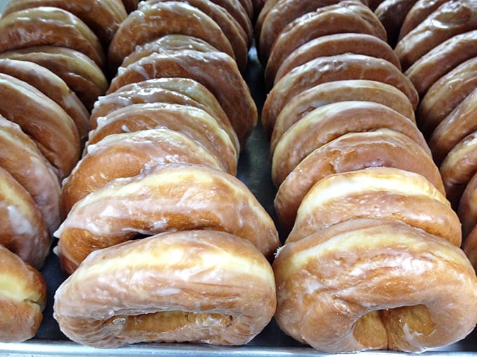 Glazed and confused? Not here! These perfectly aligned donuts are standing at attention, ready to report for delicious duty in your belly.