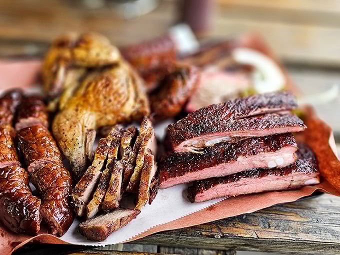 Behold, the holy trinity of Texas BBQ! This plate's so pretty, it could make a vegetarian weep (and possibly convert).