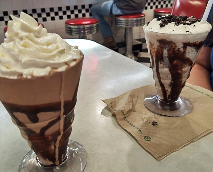 "Milkshake madness!" These towering treats aren't just drinks, they're skyscrapers of creamy indulgence. One sip, and you'll be doing the twist in your seat.