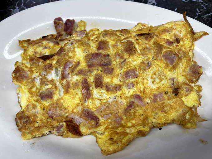 Behold, the humble omelet's glow-up! This golden masterpiece is packed with more goodies than your grandma's purse at a buffet.
