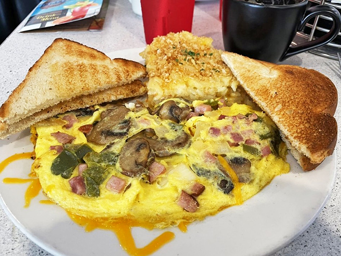 Eggsquisite artistry: This omelet is a masterpiece of melty cheese and savory fillings, a Jackson Pollock of breakfast delights.