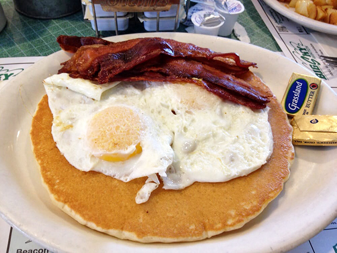 "Houston, we have a pancake!" This fluffy disc is large enough to land a small aircraft on, complete with a bacon runway.