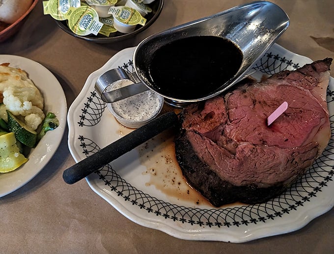 Behold, the crown jewel of carnivores! This prime rib is so perfectly cooked, it might just bring peace to the "well-done vs. rare" debate.