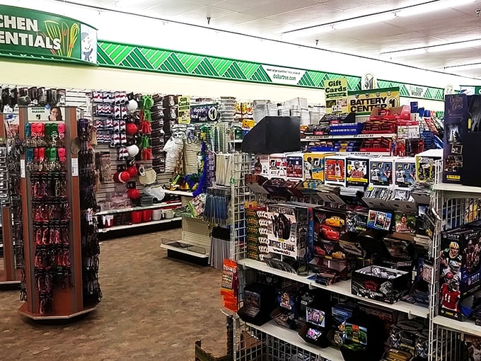 Kitchen gadgets and toys coexist in beautiful retail harmony, proving that organization is merely a suggestion in the treasure hunt experience.