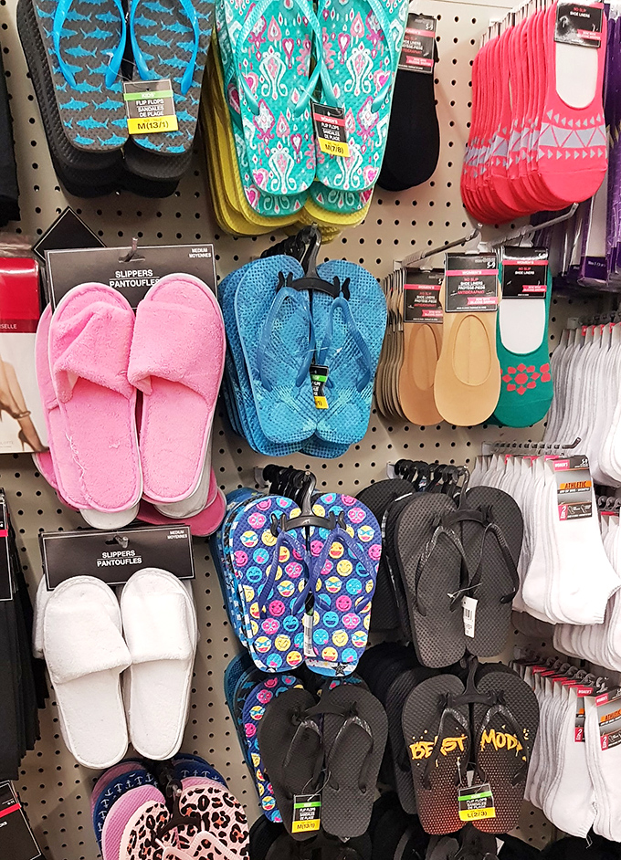 Flip-flops and slippers galore! It's like a beach party met a slumber party, and everyone's invited &ndash; for just a buck a pop.