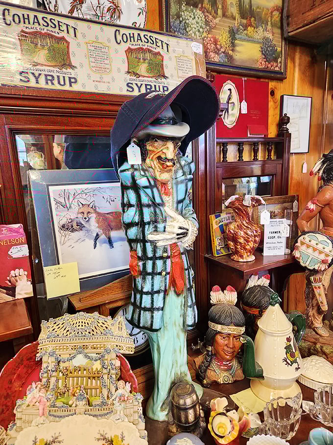 A motley crew of figurines stands guard over vintage treasures. It's like a miniature "Night at the Museum," minus Ben Stiller.