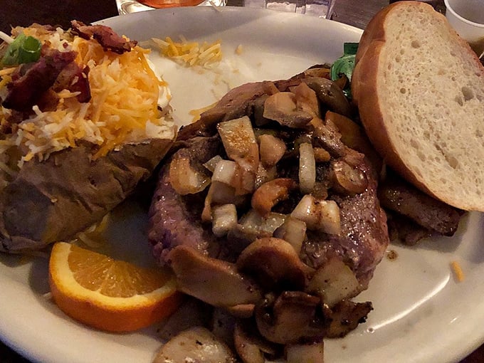 Behold, the star of the show! This steak, adorned with mushrooms, is giving a masterclass in how to be both simple and spectacular.
