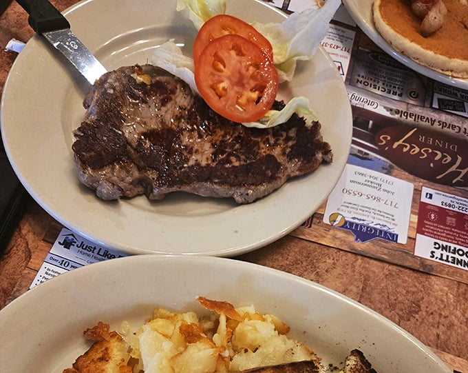 Behold, the star of the show! This steak isn't just a meal; it's a work of art that would make Michelangelo weep with joy.