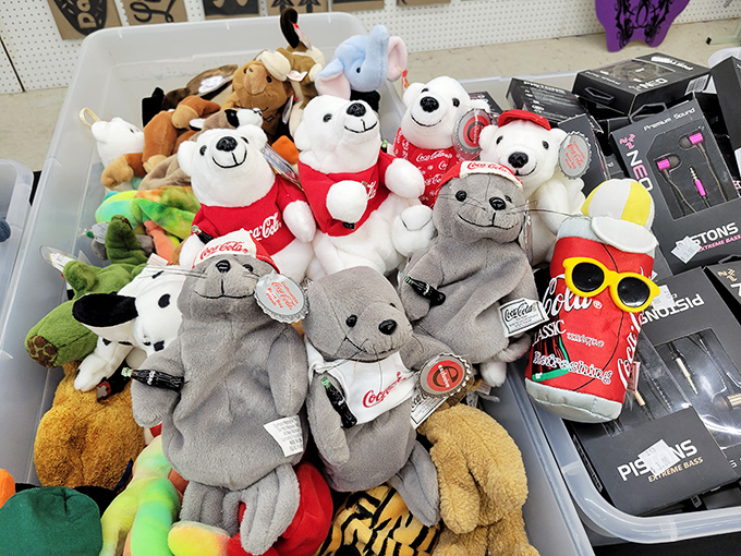 Cuddly critters and plush pals galore! It's like a stuffed animal reunion, with everyone from Coca-Cola bears to Pokemon ready for a new home.